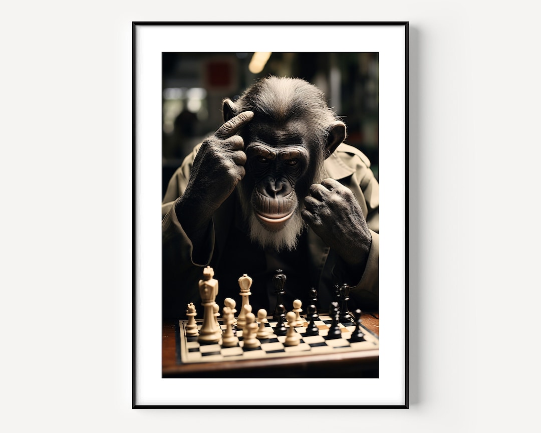 Creative Monkey Print, Monkey Playing Chess, Black and White Wall Art ...