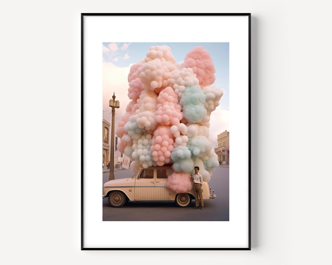 Surrealism Surreal Artwork With Oldtimer and Man Holding a Huge Cotton ...