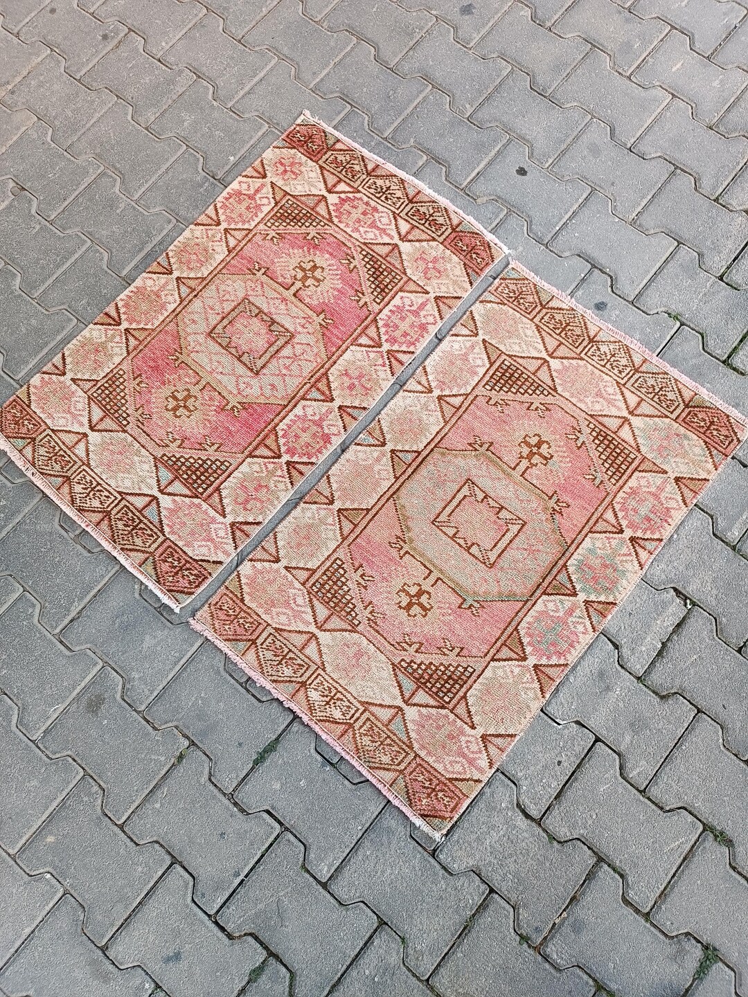 Pair of Turkish Small Rugs, Twin Rugs, Vintage Bathroom Rug Set ...