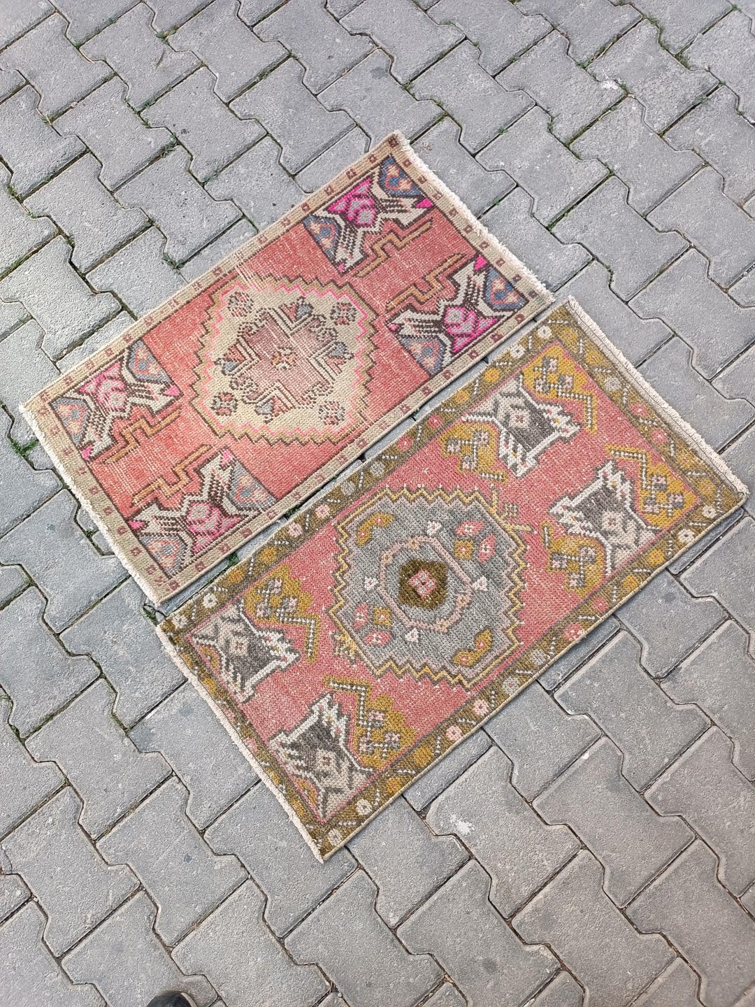 Pair of Turkish Small Rugs, Twin Rugs, Vintage Bathroom Rug Set ...