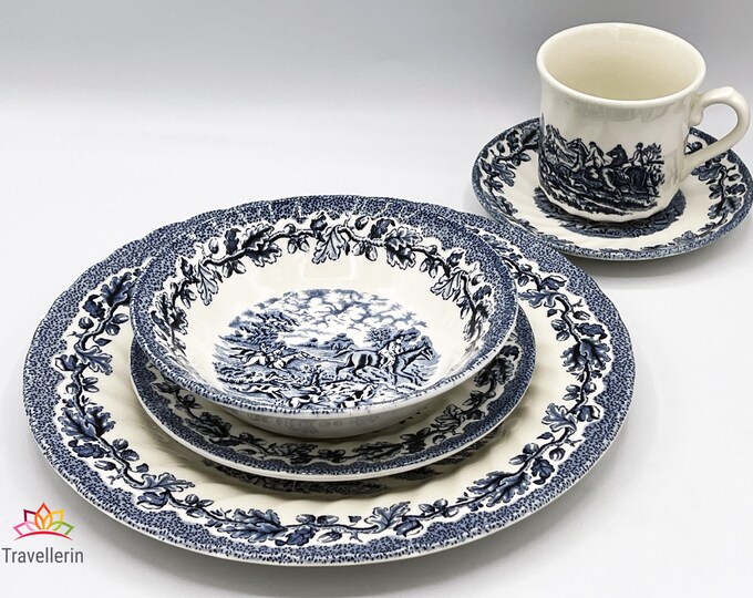 Fox Hunt Hunting Royal Wessex Dinner Plates Blueware Transfer, Set of 4 ...