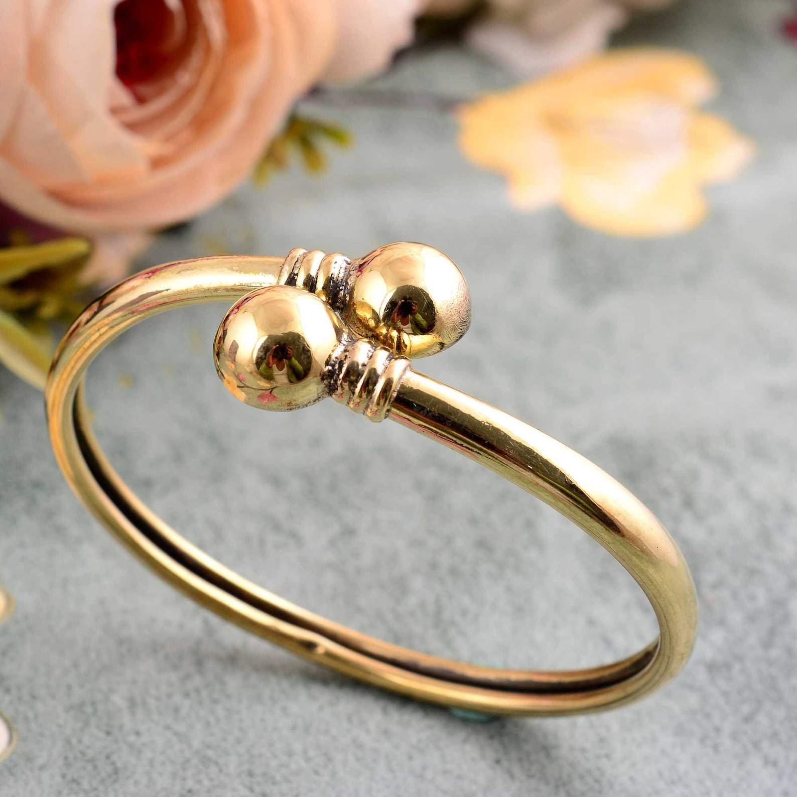 Double Ball Bracelet, Ball End Bangle, Gold Plated Open Cuff Bangle ...