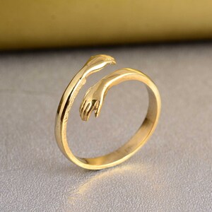 Gold Love Hugging Hand Stackable Ring, Love Hug Ring, Couple Ring ...