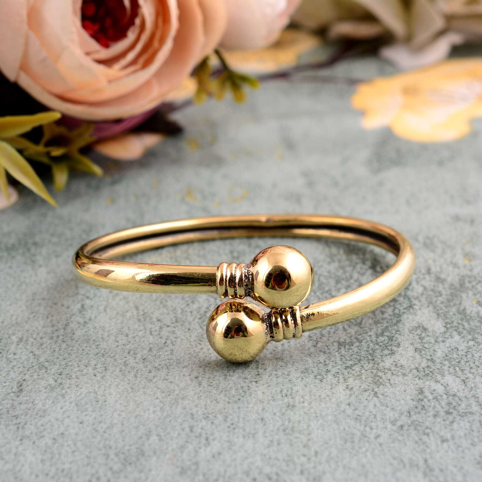Double Ball Bracelet, Ball End Bangle, Gold Plated Open Cuff Bangle ...