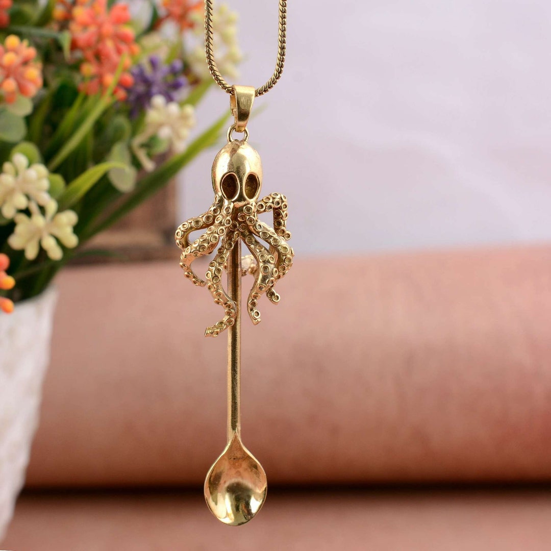 Gold Octopus Spoon Necklace, Ocean Inspired Kraken Pendant for Goth ...