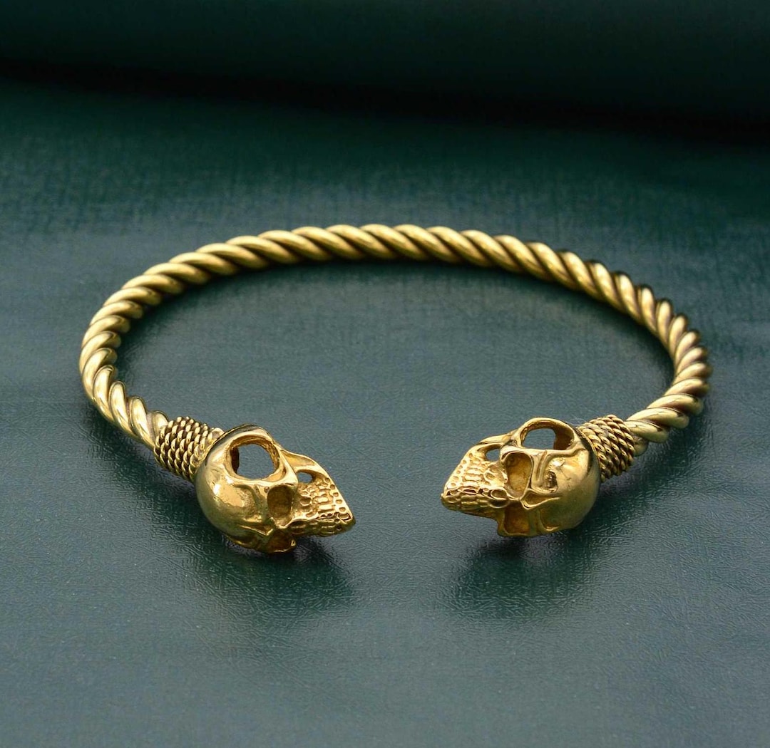 Skull Heads Open Cuff Bracelet, Antique Gold Double Skulls Cuff, Modern ...