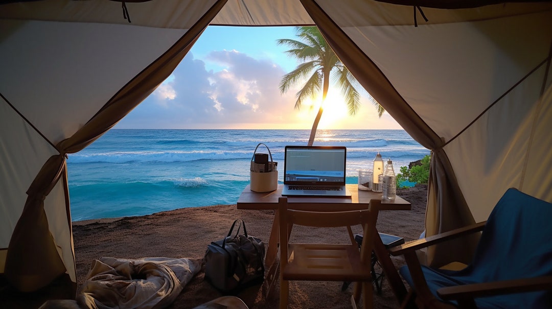 Set of 4 Hawaiian Beach Zoom Virtual Background: Working From Tent ...