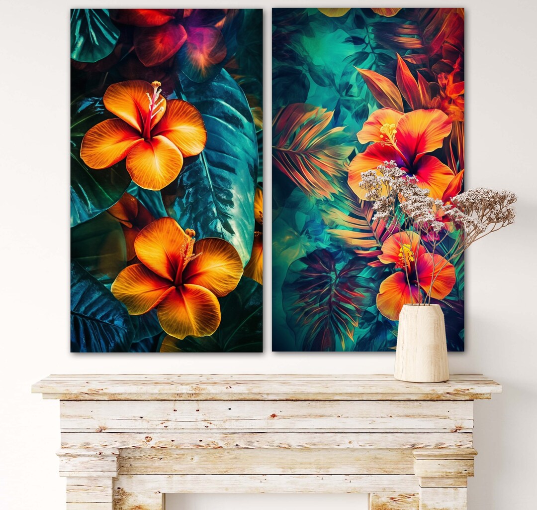 Set of Two Vibrant Hawaiin Flowers and Leaves - Etsy