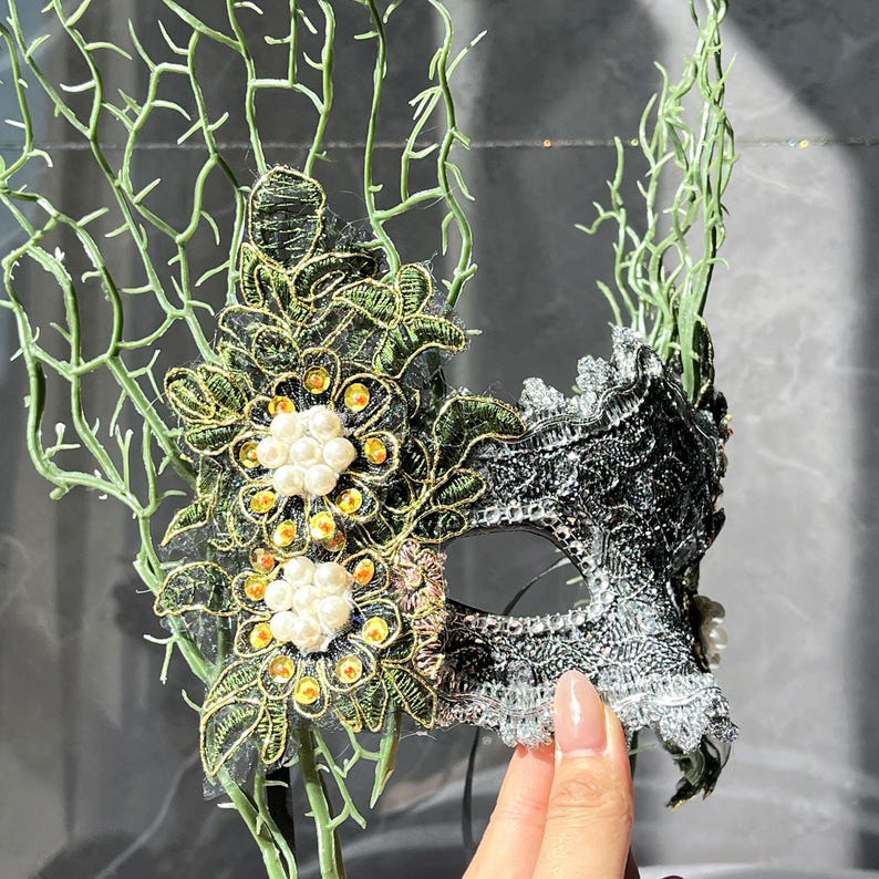 Green Leaf Lace Mask - Delicate Branch Pattern - Prom Masquerade ...
