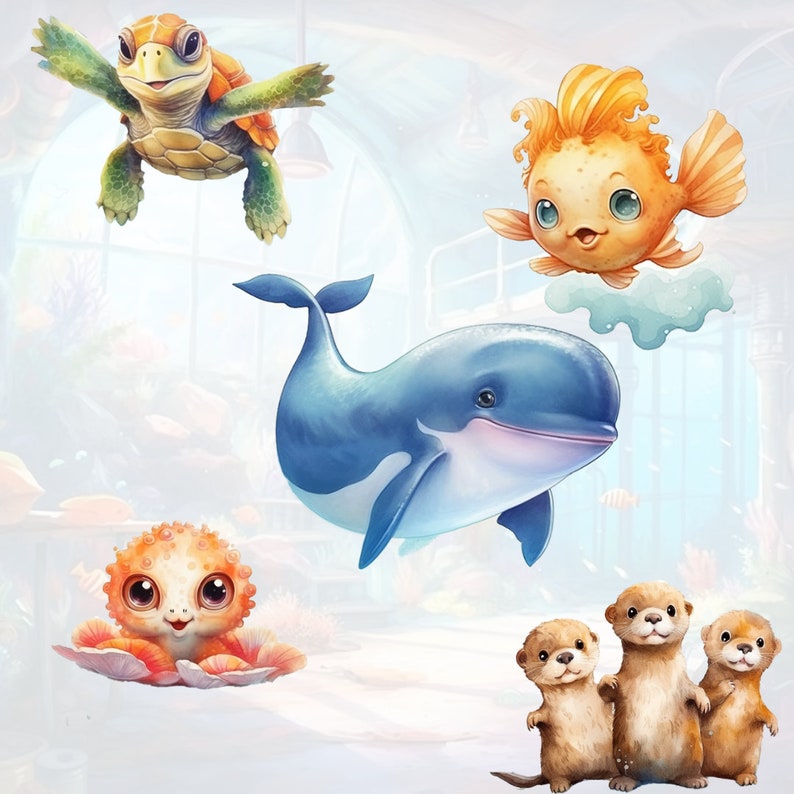 Cute Under the Sea Animals Watercolor Clip Art Sea Animals Clipart Png ...