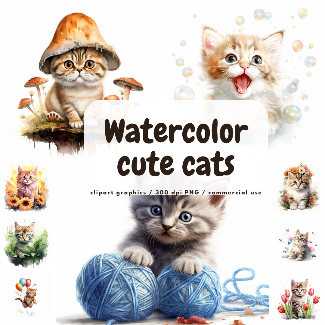 Watercolor Cute Cats Clipart, Kitten Clipart, Unique Designs PNG Format ...