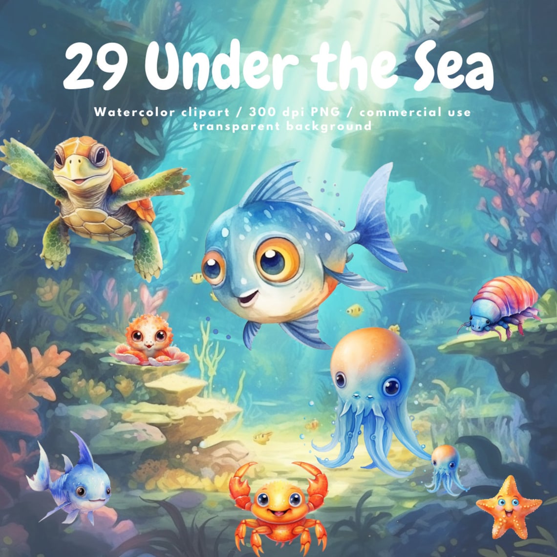 Cute Under the Sea Animals Watercolor Clip Art Sea Animals Clipart Png ...
