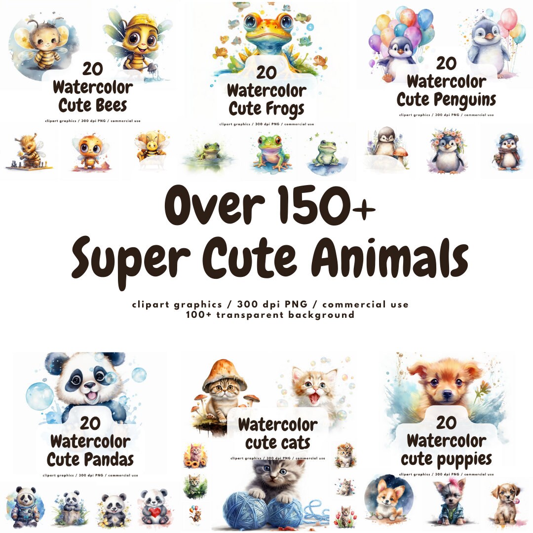 Watercolor Cute Animals Clipart Cute Bundle for Kids, Penguins, Puppies ...