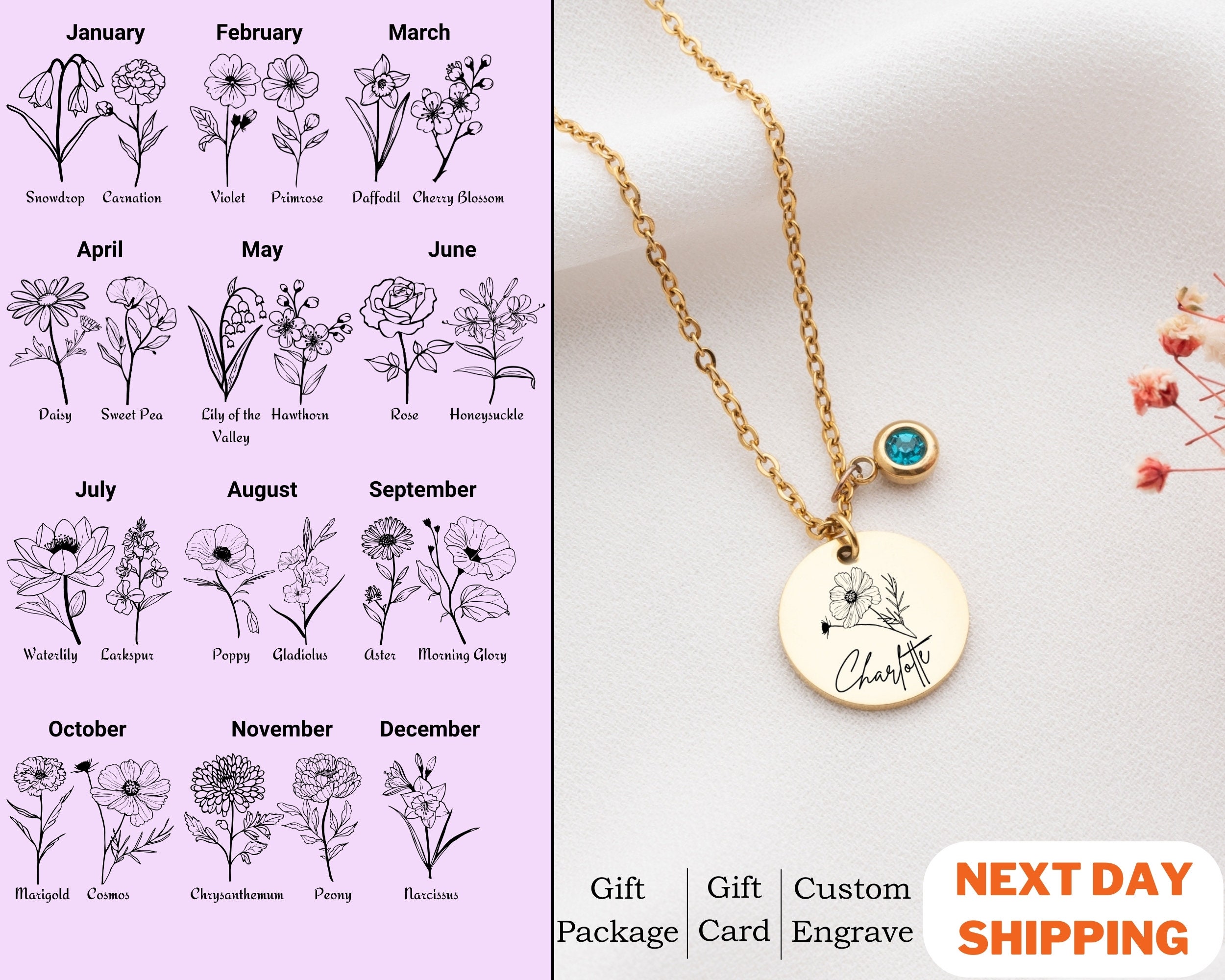 Custom Name Birth Flower Necklace With Birthstone - Floral Disc Pendant ...