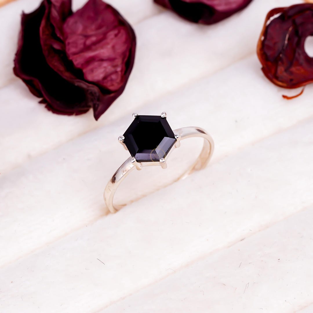 Blue Goldstone Hexagon Ring • Galaxy Stone Ring • Dainty Silver ...