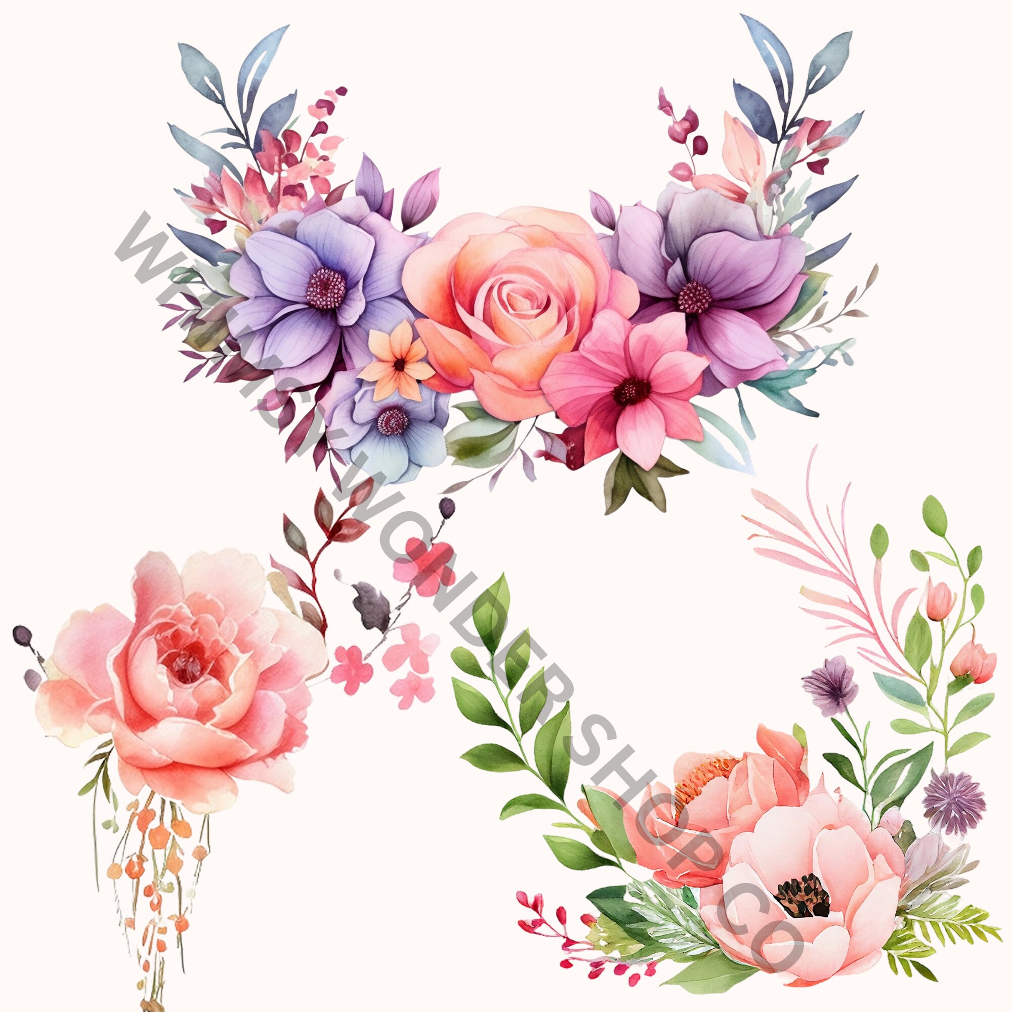 Watercolor Flower Clipart Pack, Floral Border Bouquet, Spring / Summer ...