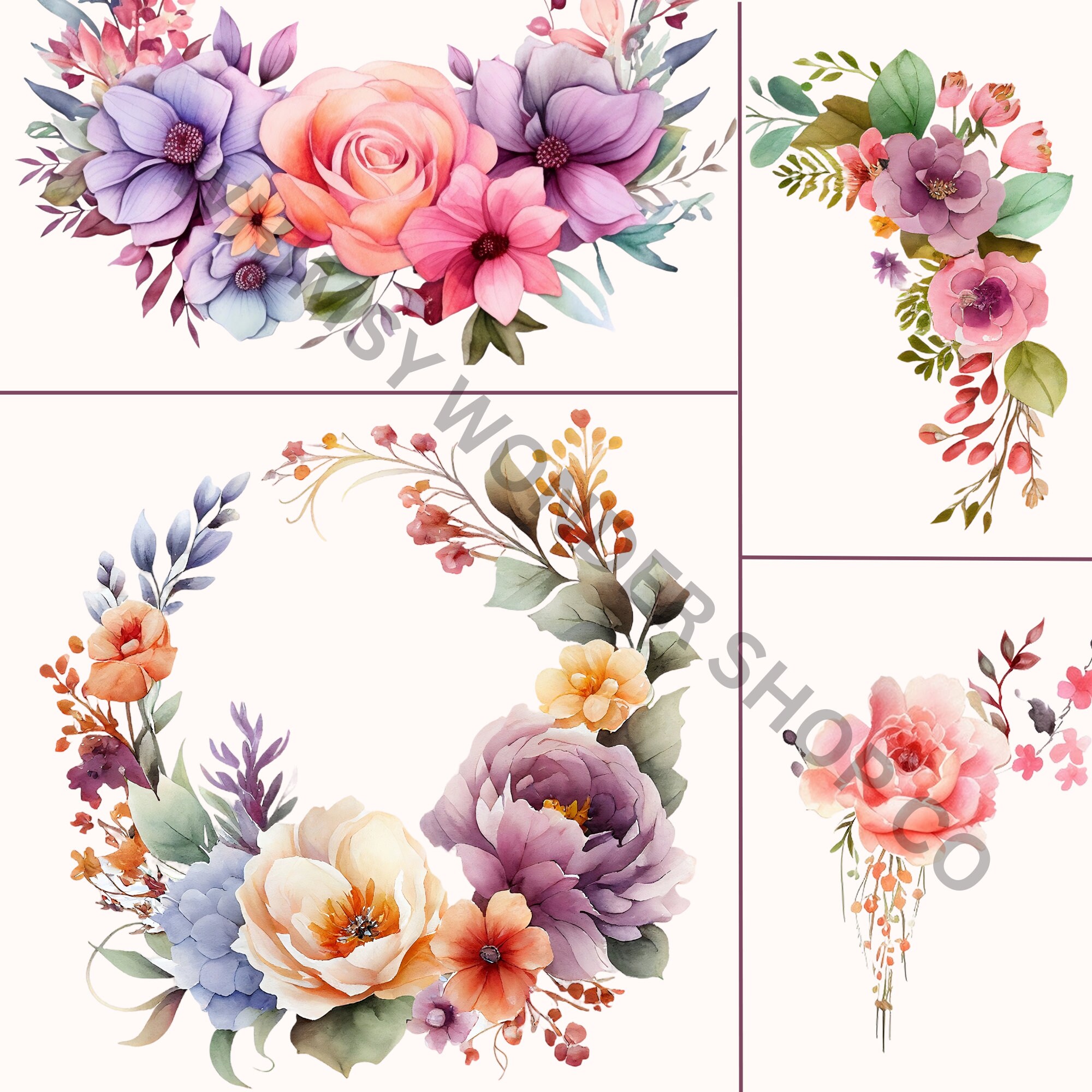 Watercolor Flower Clipart Pack, Floral Border Bouquet, Spring / Summer ...