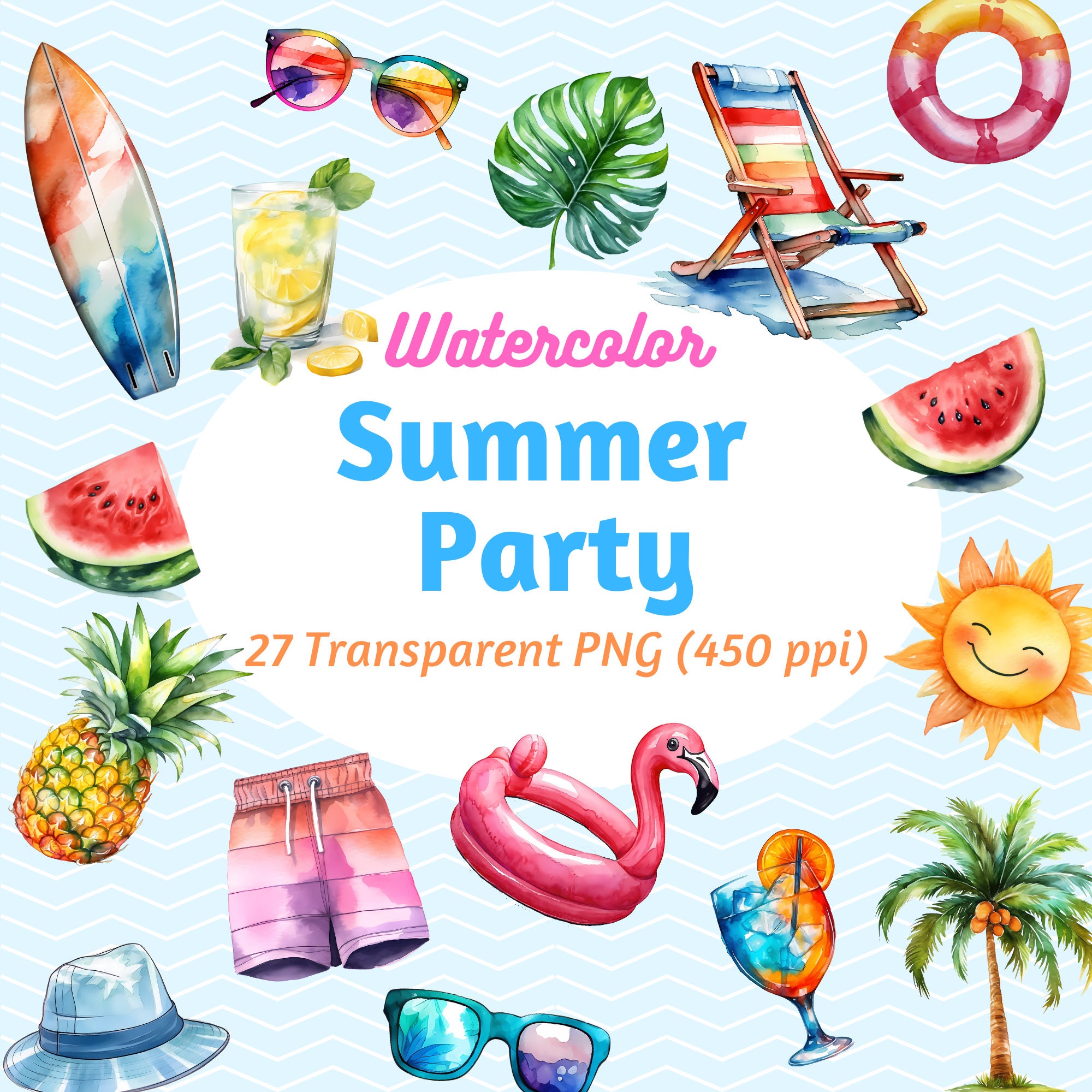 Watercolor Summer Pool Party Clipart - Colorful Vacation Stickers ...