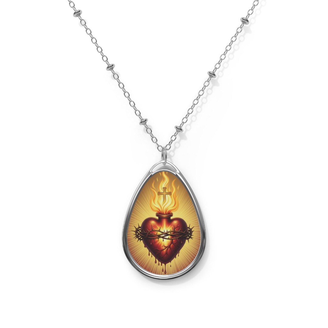 Sacred Heart Flame Oval Necklace | Religious Pendant, Miraculous Heart ...