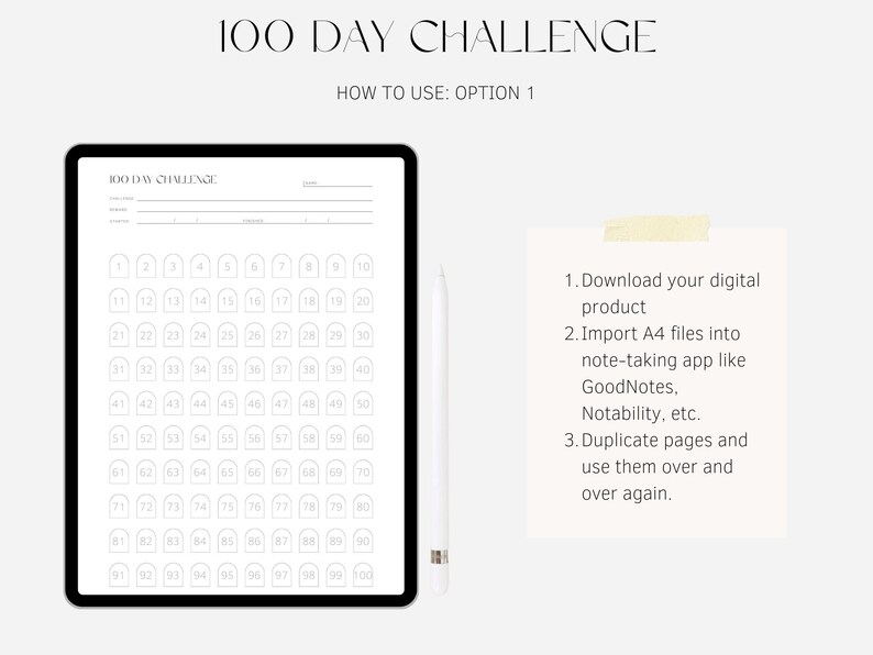 100 Days Challenge, 100 Days Tracker, Notability Template, Saving ...