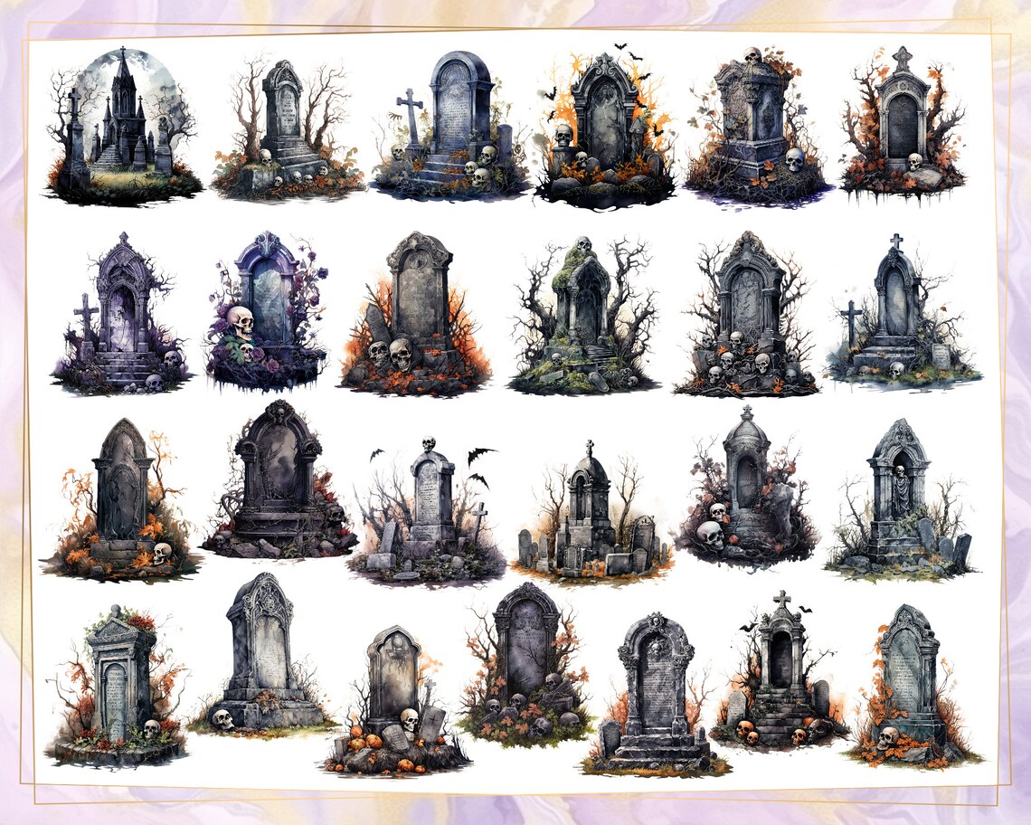 Spooky Gravestone Illustrations. Scary Creepy Tombstone, Cemetery ...
