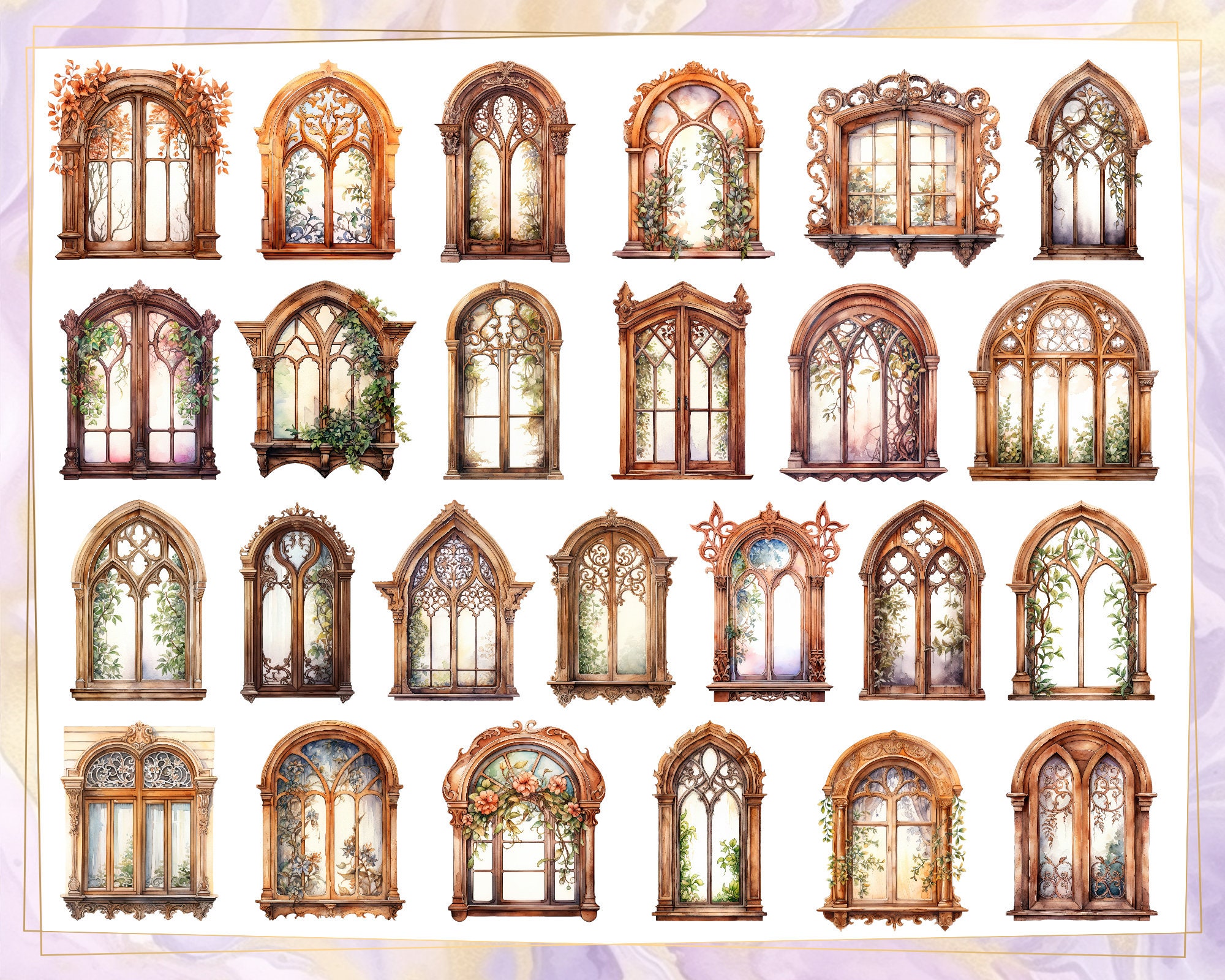 Wooden Windows. Watercolor Style Illustrations. Ornate Carved Wood ...