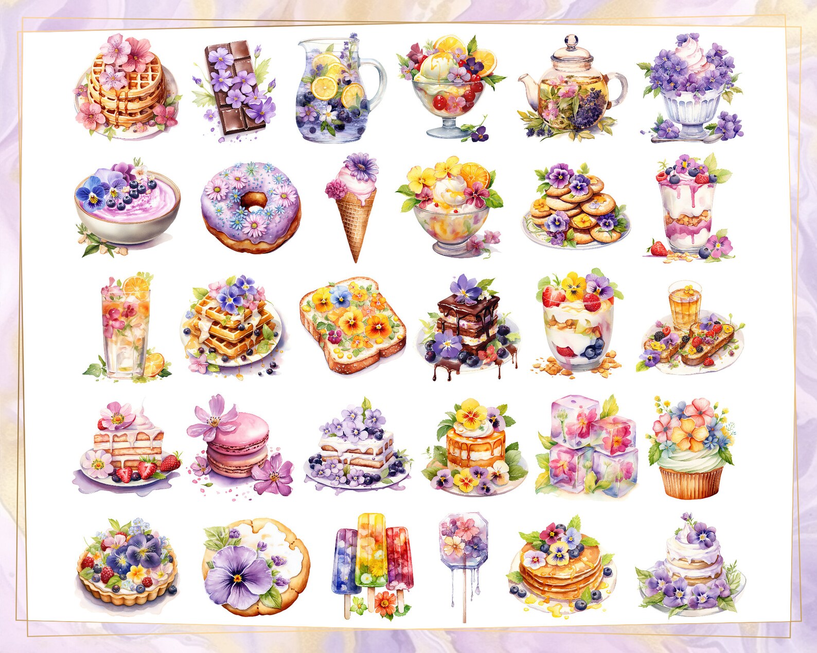 Edible Flowers Dessert Illustrations. Delicious Various Cakes, Waffle ...