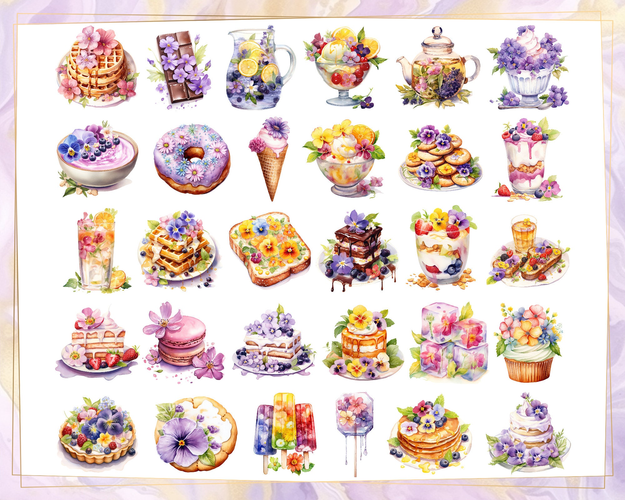 Edible Flowers Dessert Illustrations. Delicious Various Cakes, Waffle ...