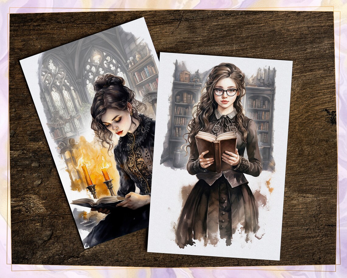 Gothic Reading, Watercolor Style Illustrations. Dark Mysterious Fantasy ...