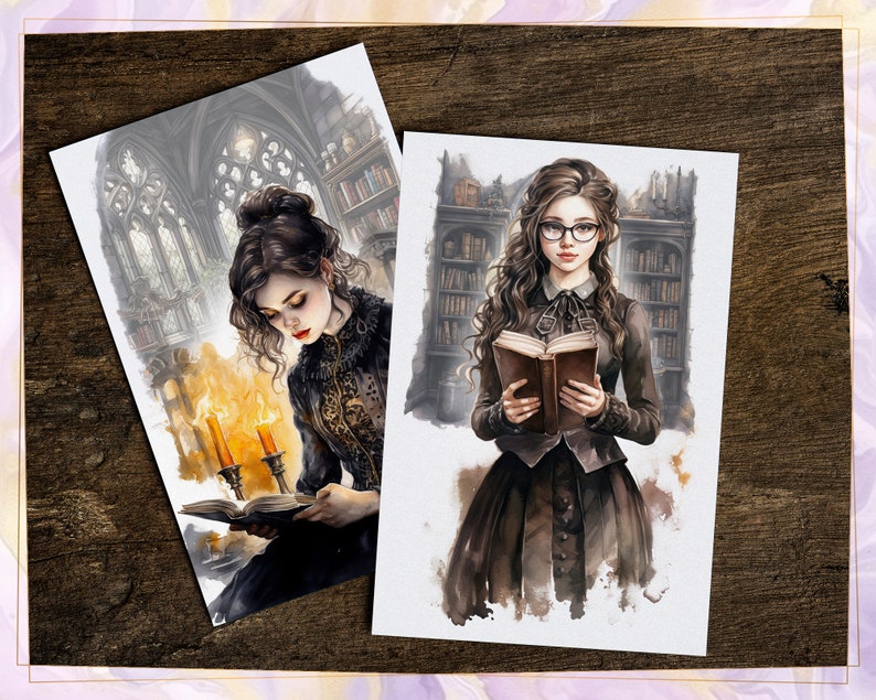 Gothic Reading, Watercolor Style Illustrations. Dark Mysterious Fantasy ...