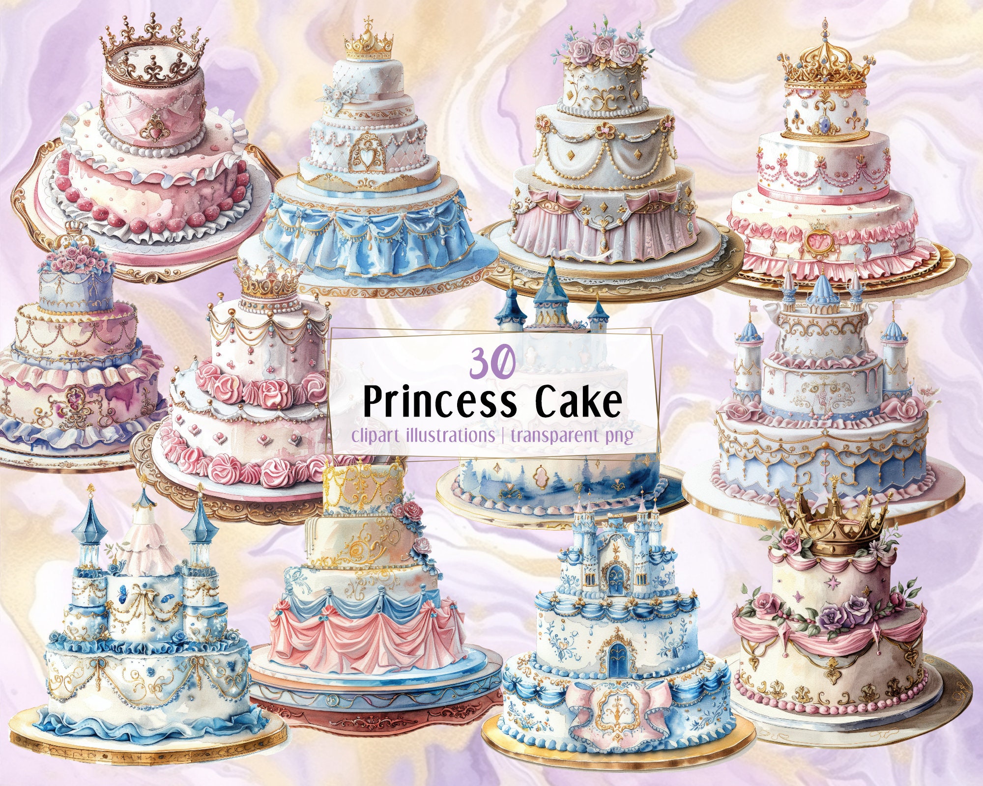 Princess Cake Illustrations. Wedding & Birthday Cakes, Girly Dreamy ...