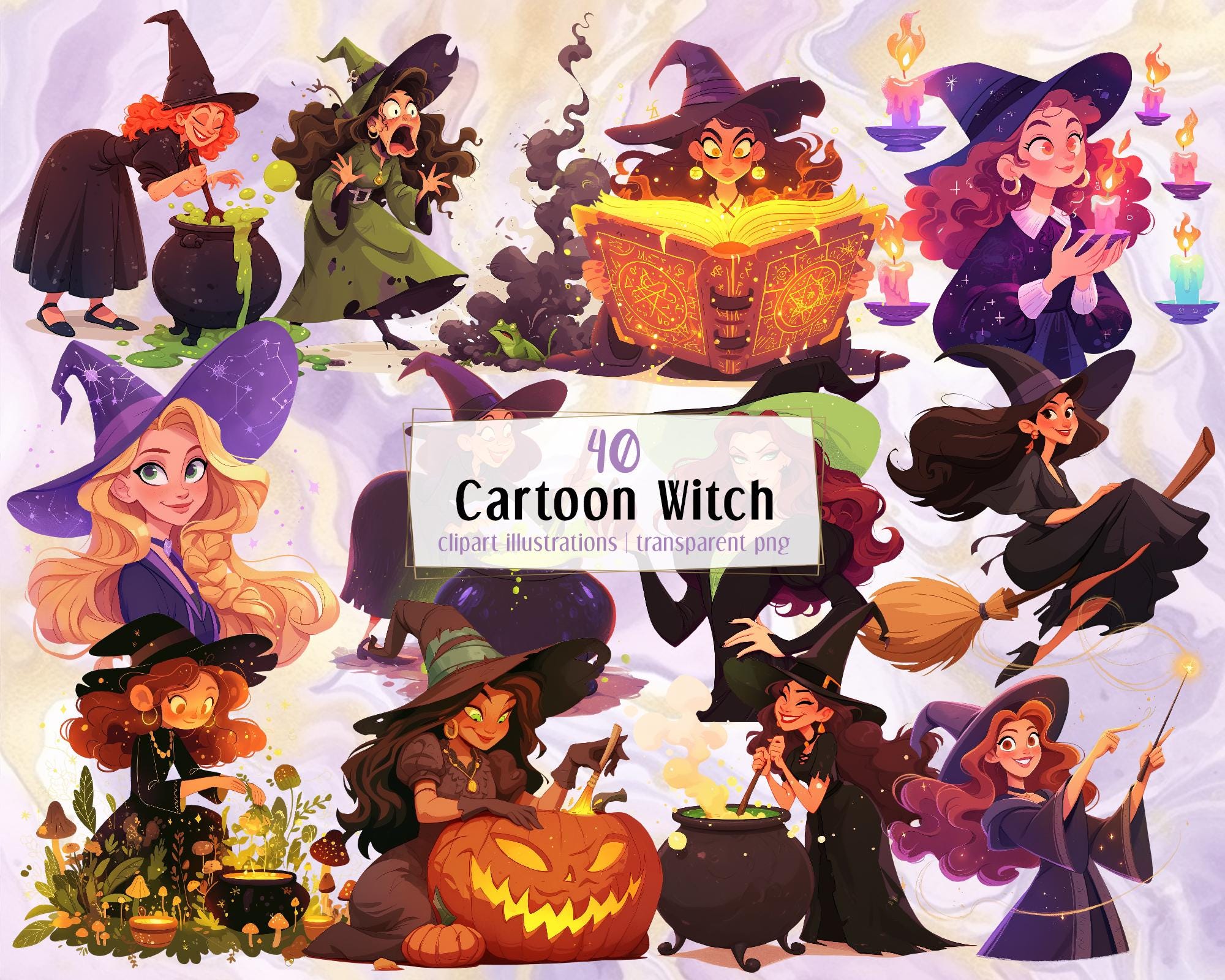 Cartoon Witch Illustrations. Cute Funny Fairytale Fantasy Woman ...