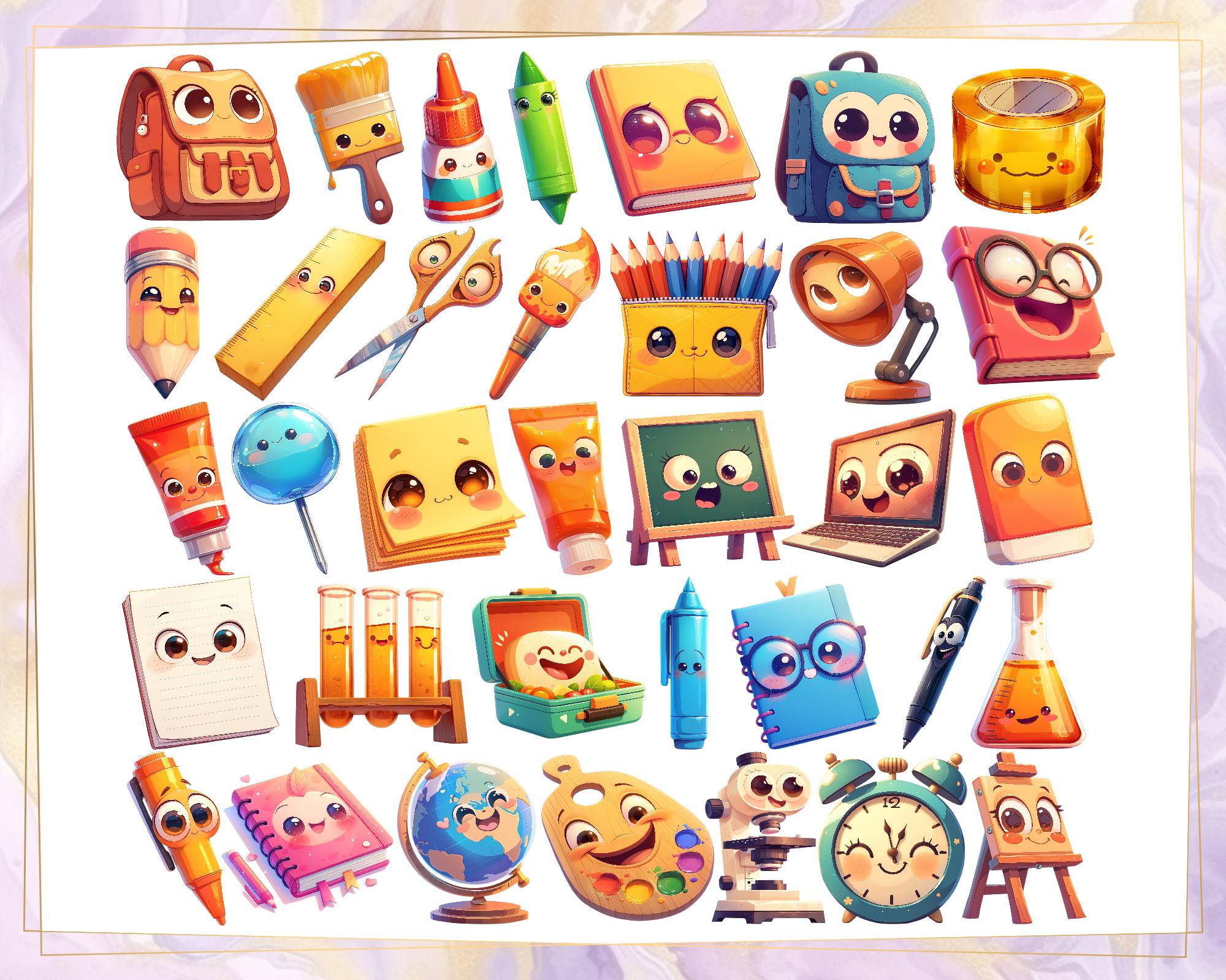 Cartoon School Supply Illustrations. Cute Funny Adorable Educational ...