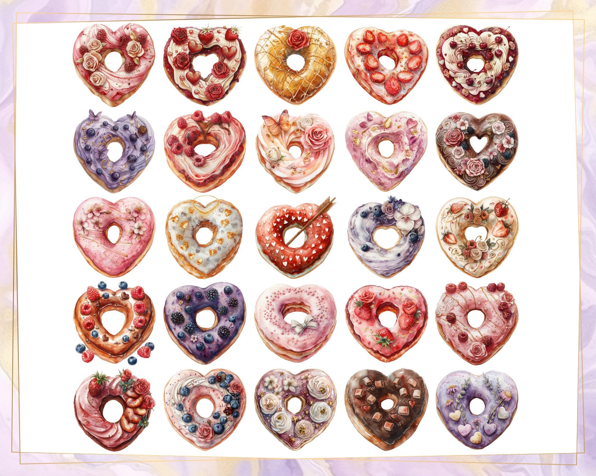 Heart Shaped Donut Illustrations. Delicious Decorated Romantic ...