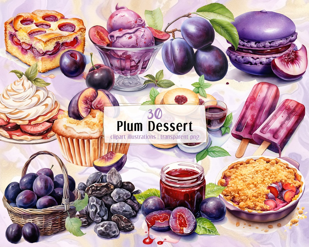 Plum Dessert Watercolor Style Illustrations. Fruity Pastry, Fresh ...
