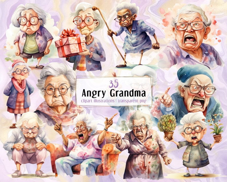 Angry Cartoon Grandma Illustrations. Funny Silly Comic Old Ladies, Sad ...