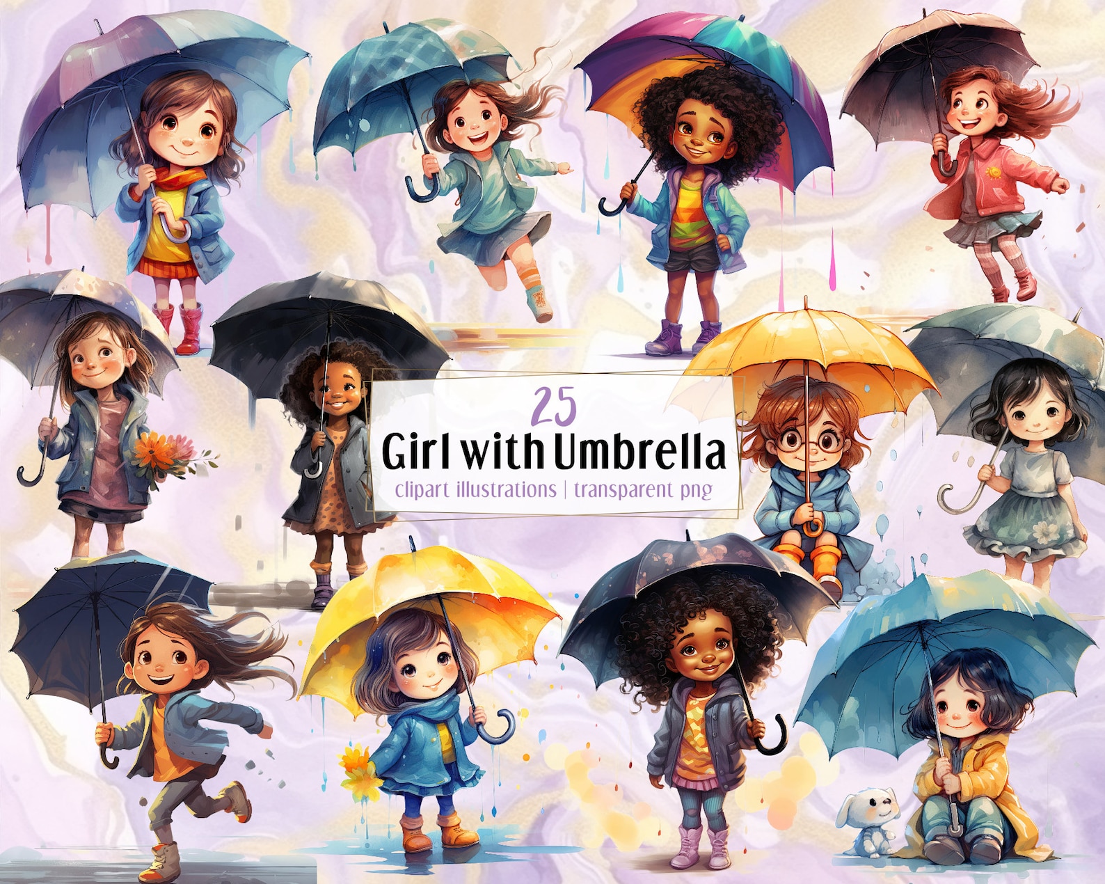Girl With Umbrella. Cute Cartoon Girls Holding Umbrellas, Winter, Rainy ...