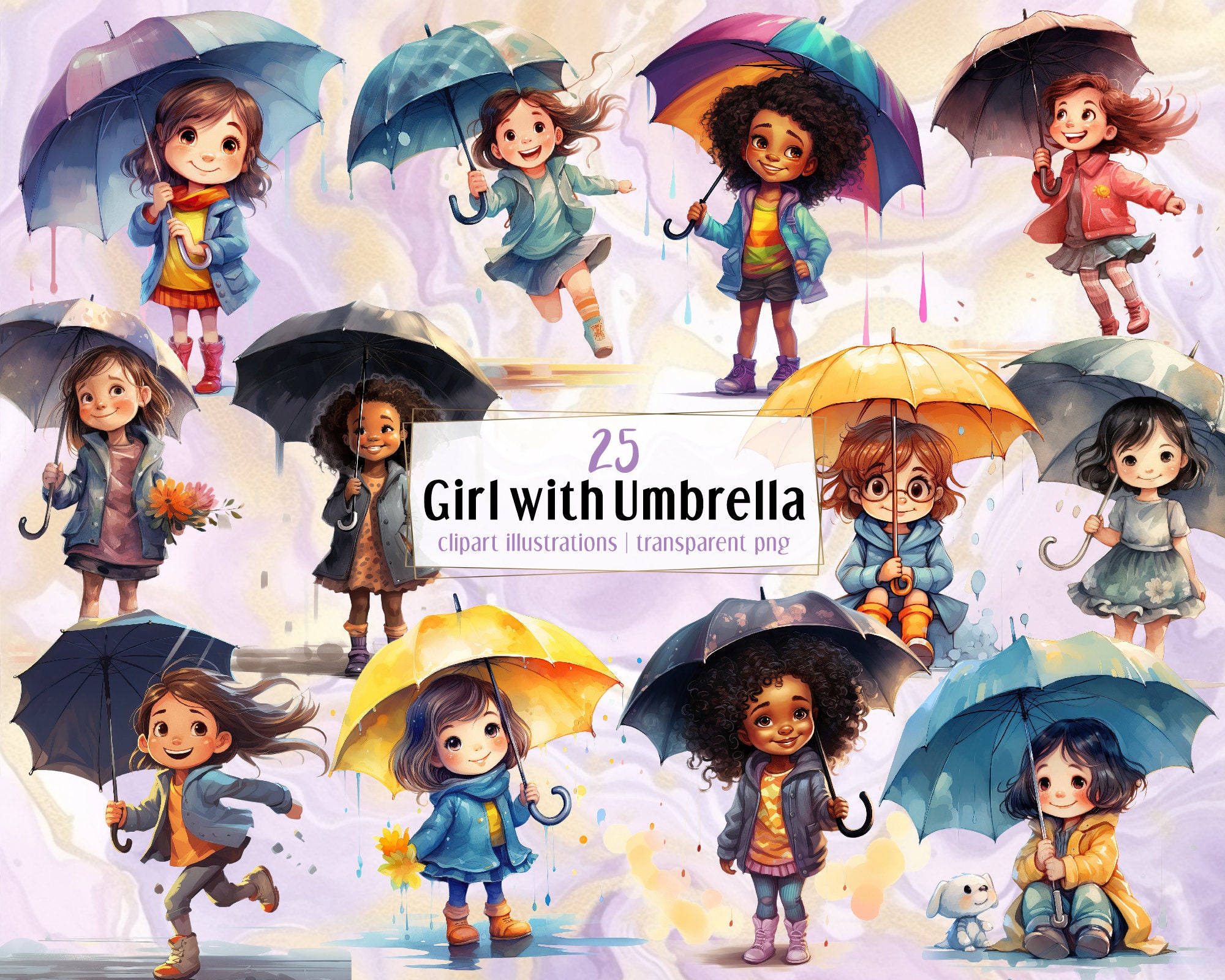 Girl With Umbrella. Cute Cartoon Girls Holding Umbrellas - Etsy