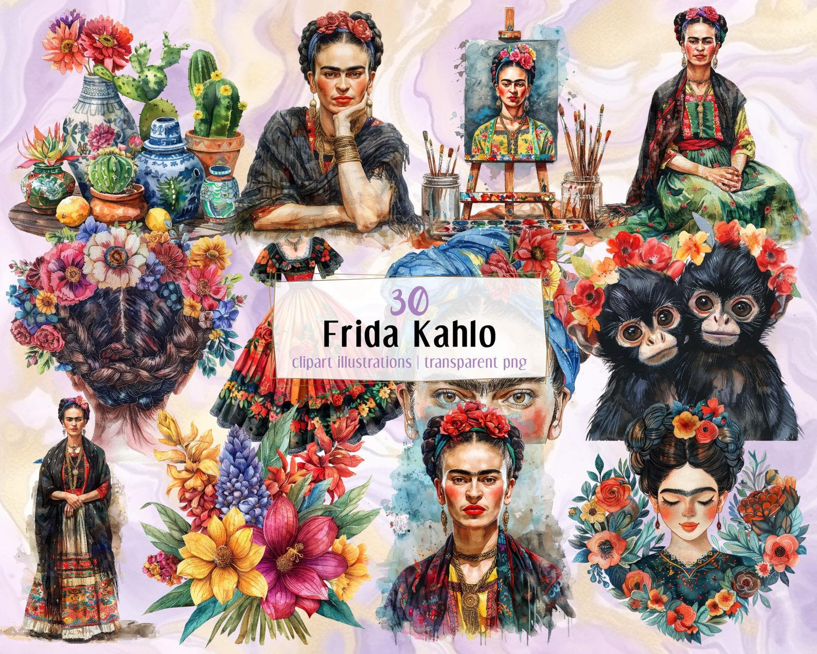 Frida Kahlo Illustrations. Iconic Mexican Painter, Vintage Traditional ...