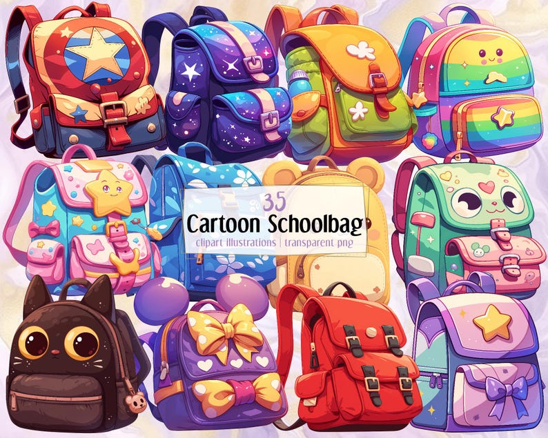 Cartoon Schoolbag Illustrations. Cute Adorable Colorful Kid's School ...