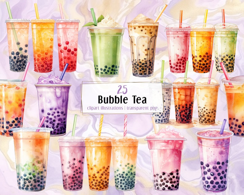 Bubble Tea. Watercolor Style Illustrations. Colorful Boba Drink, Multi ...