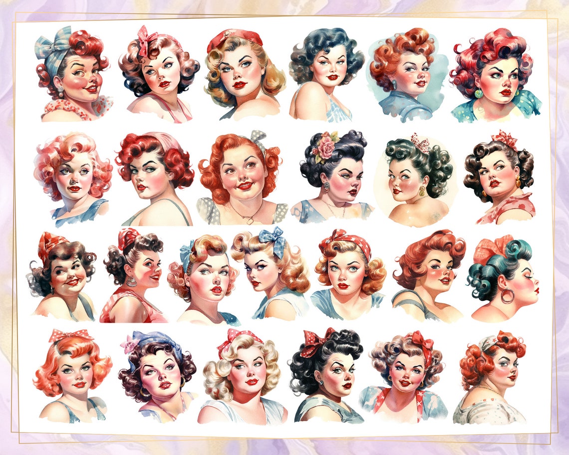 Beautiful Plus Size Retro Rockabilly Pin up Girl Portraits. Watercolor ...