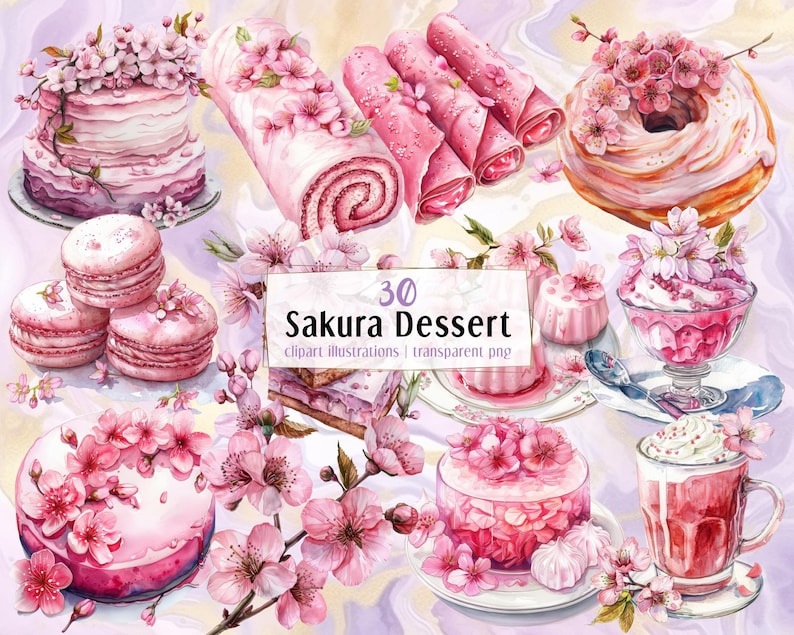 Sakura Dessert Illustrations. Fancy Seasonal Desserts, Delicate Pink ...