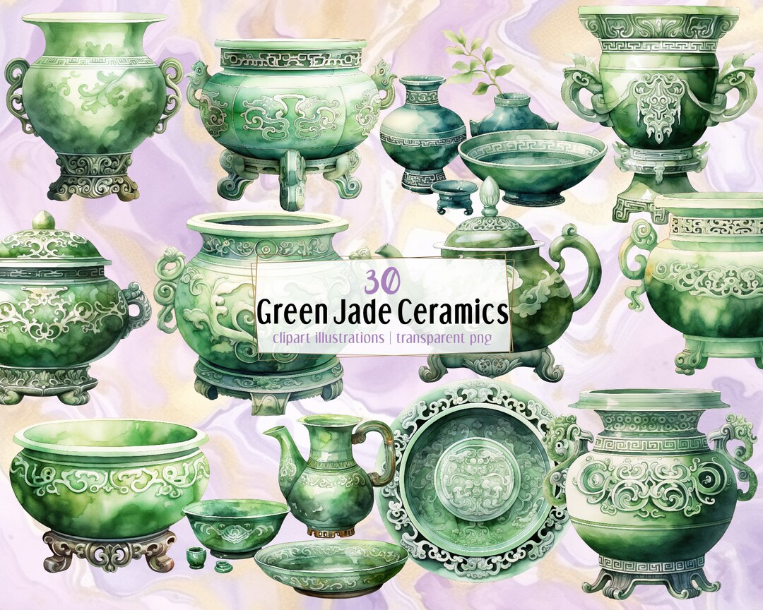 Green Jade Ceramics. Watercolor Style Illustrations. Elegant Jadeware ...