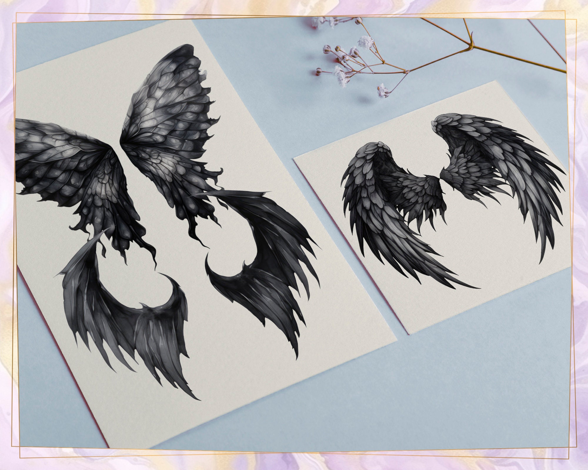 Black Wings Illustrations. Dark Imaginary Fantasy Wings, Feather, Demon ...