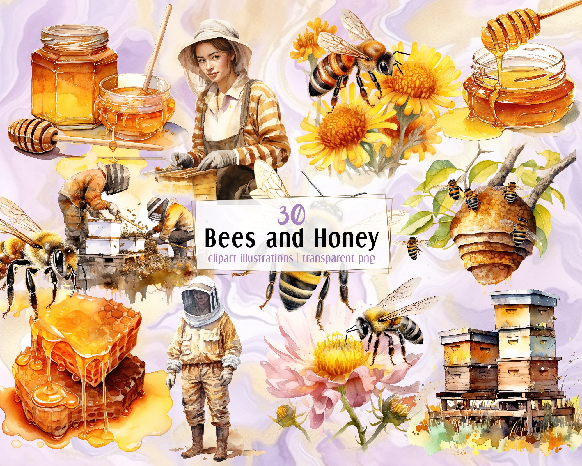 Bees and Honey. Watercolor Style Illustrations. Beekeeping Objects ...