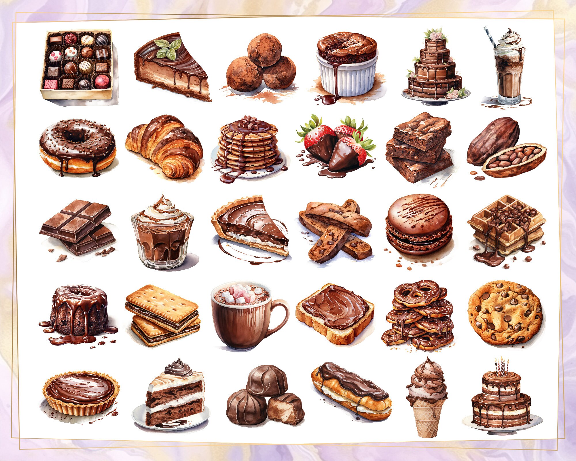 Chocolate Desserts. Watercolor Style Illustrations. Choco Flavored ...