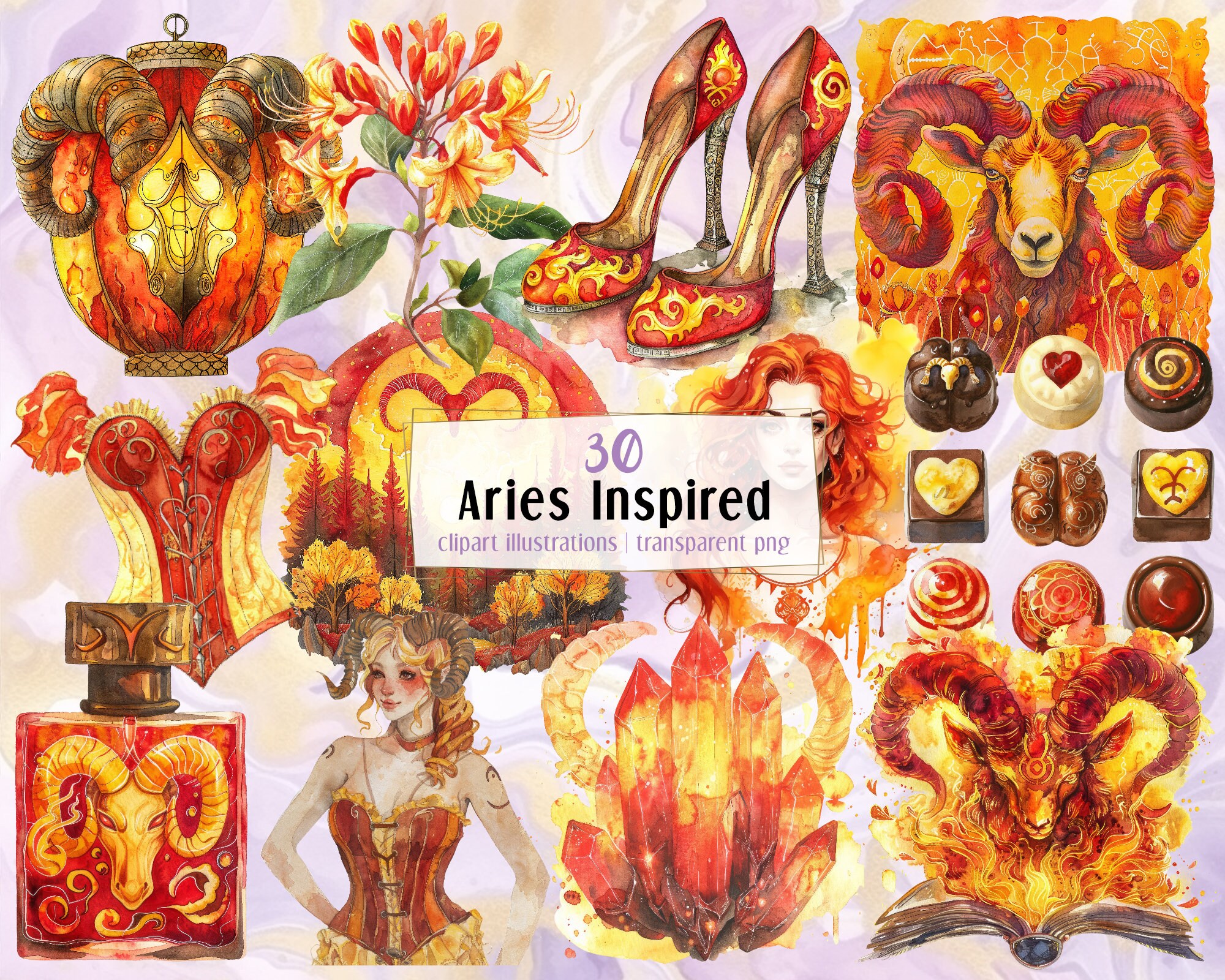 Aries Inspired Illustrations. Ram Birthday Zodiac Sign Themed Objects ...