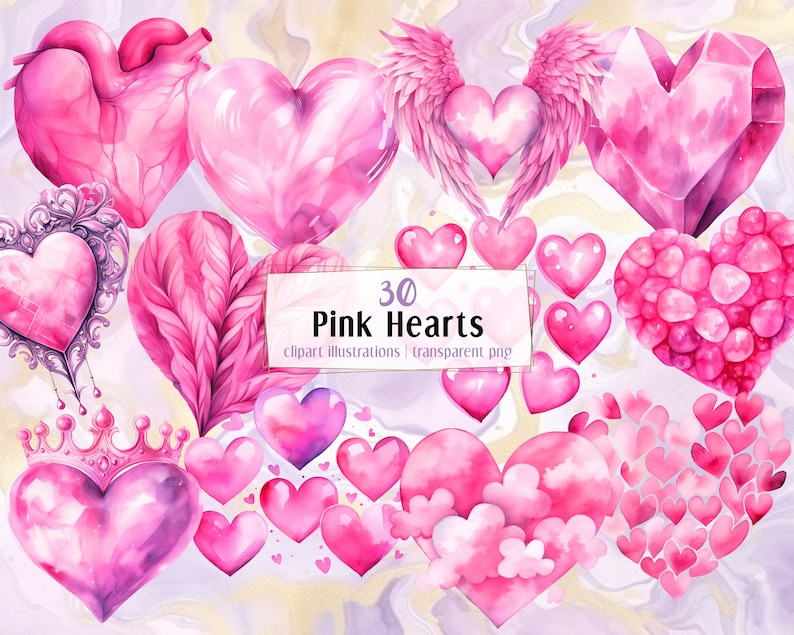Pink Hearts. Watercolor Style Illustrations. Heart Shaped Elements ...