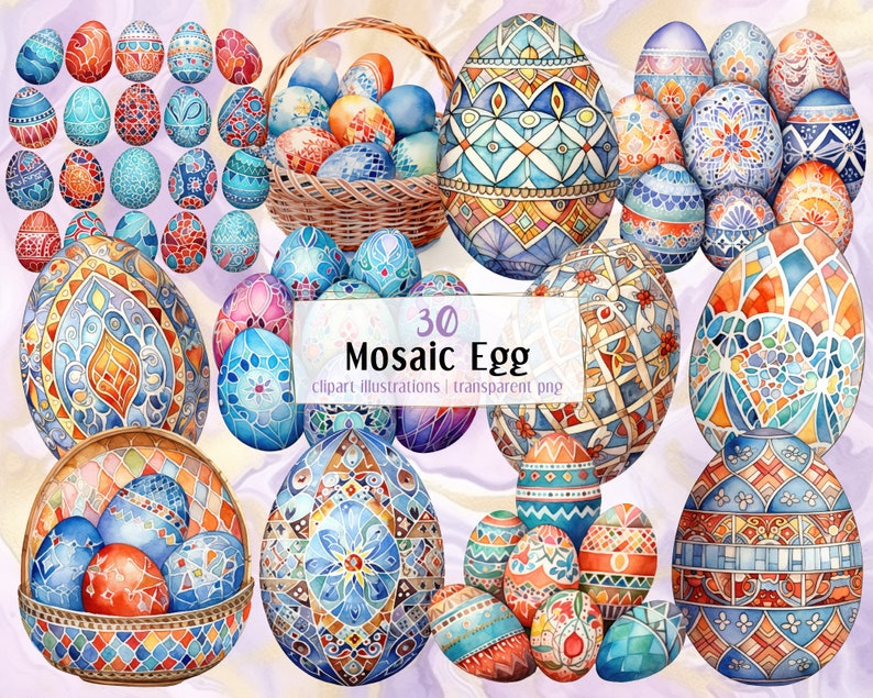 Mosaic Easter Egg Illustrations. Holiday Themed Colorful Eggs Decorated in Mosaic Art Style ...